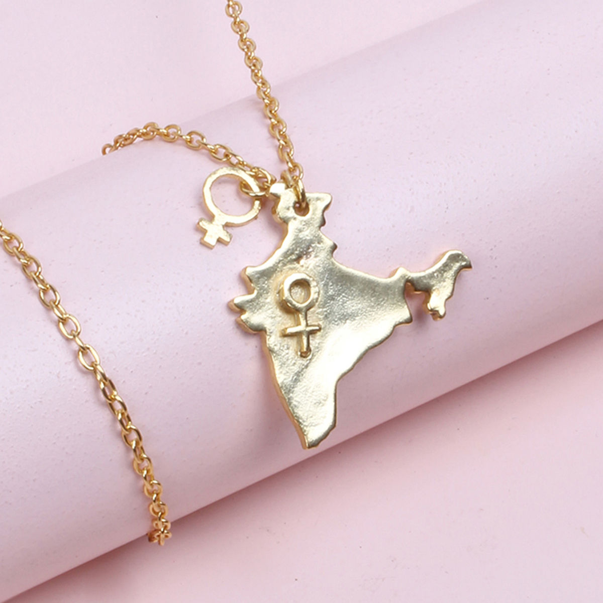 Ayesha Metallic Gold Girl Power Symbol Embossed India Map Shaped Charm ...
