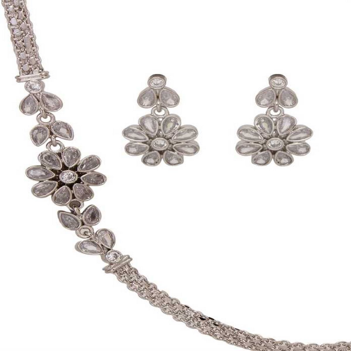 Priyaasi Silver Plated American Diamond Studded, Floral Pattern Long ...
