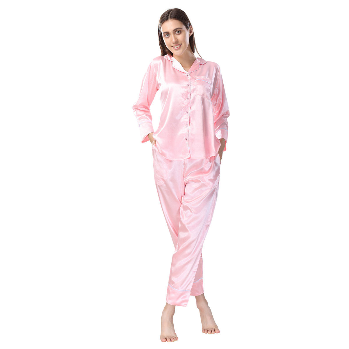 Buy PIU Women's Solid Pink Satin Pajama Set - Pink Online