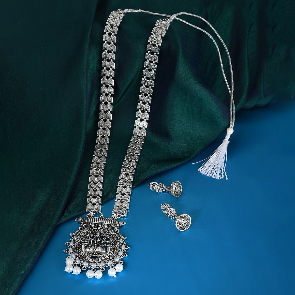 Buy Zaveri Pearls Antique Silver Tone Goddess Laxmi Long Temple
