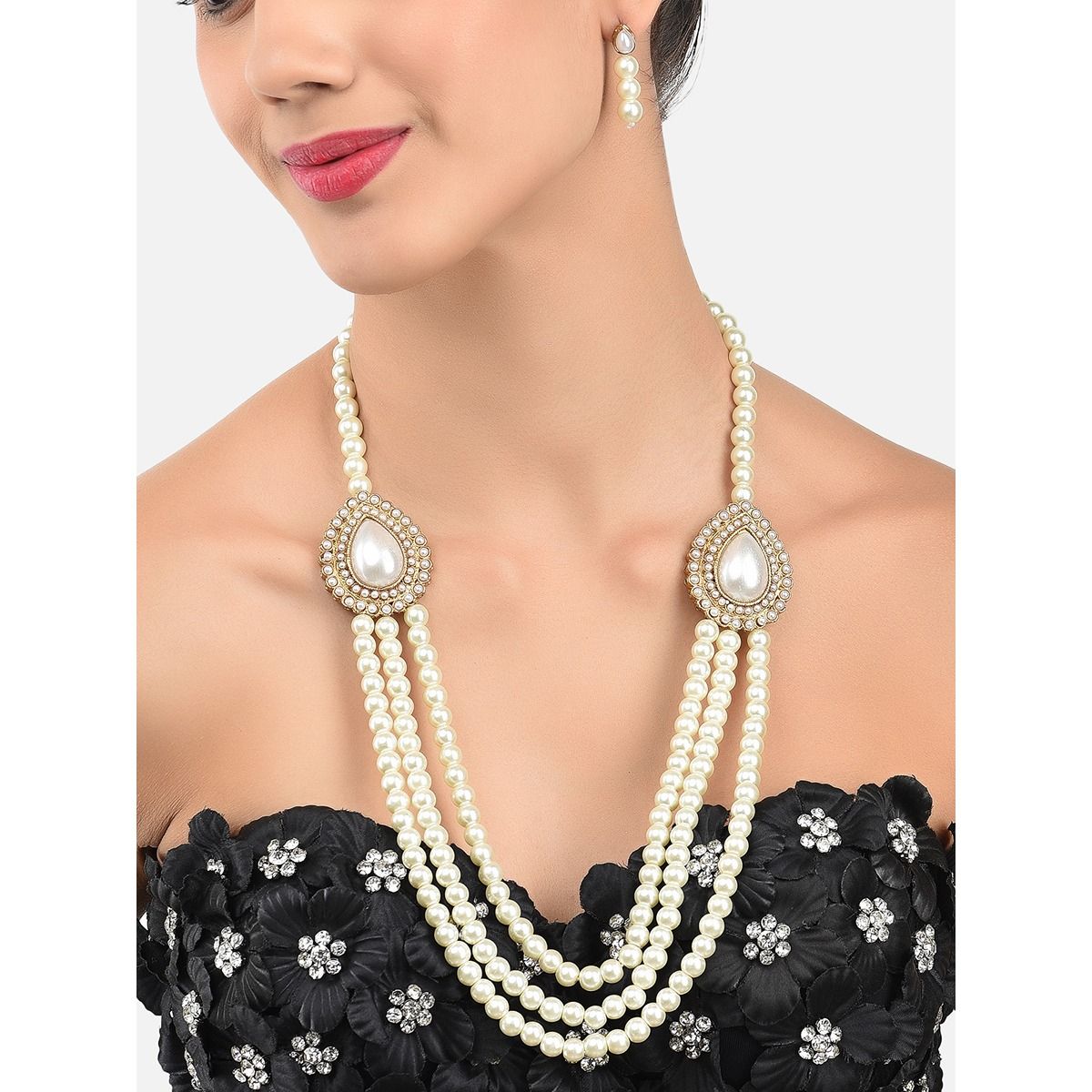Buy Zaveri Pearls Multi Layers Long Pearls Necklace & Earring Set ...