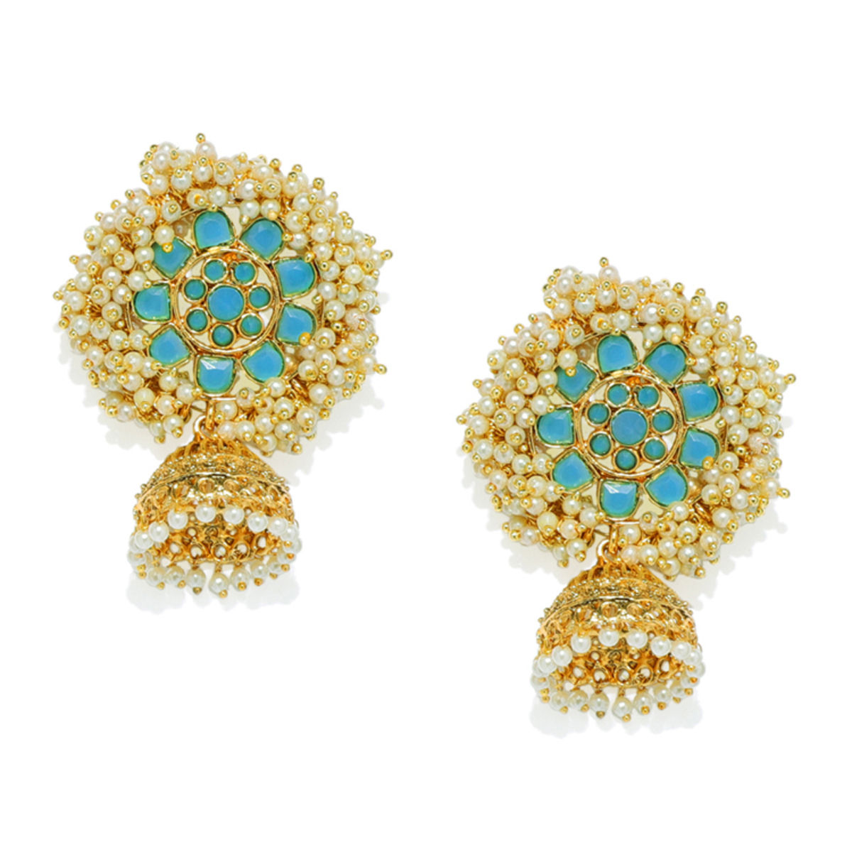 Buy Zaveri Pearls Turquoise Blue Stones & Pearls Cluster Jhumki Earring ...