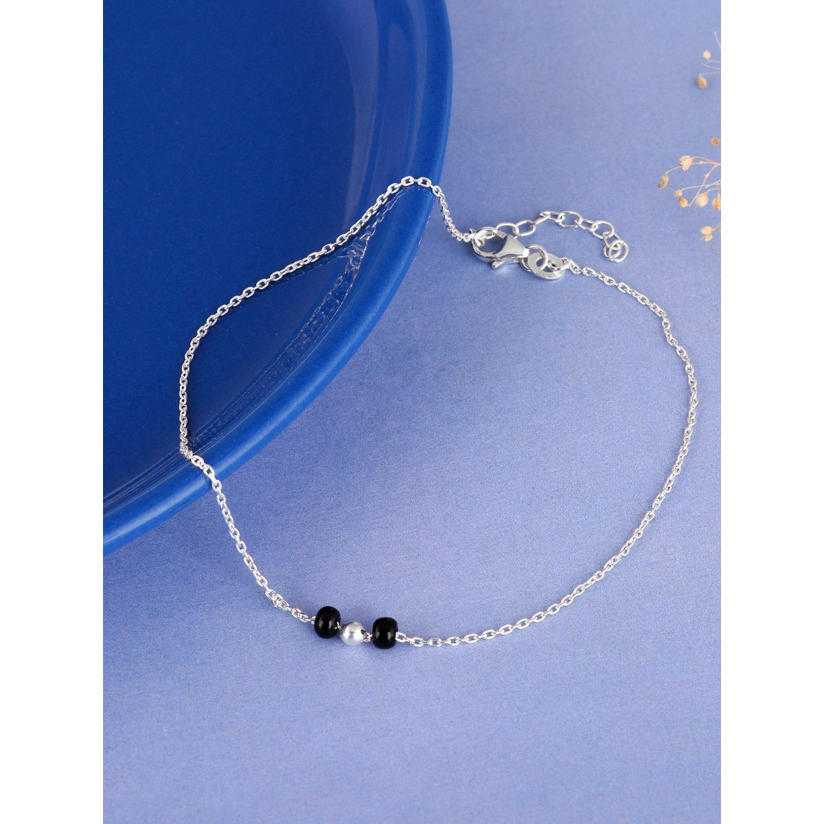 Buy GIVA Sterling Silver Minimal Black Beads Anklet Online