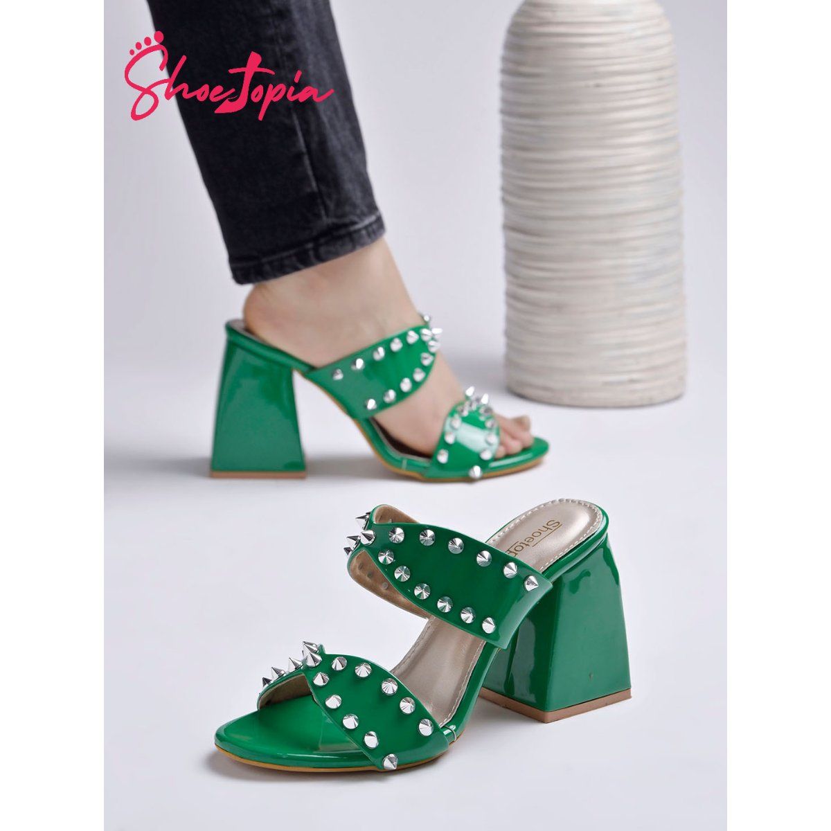 Buy Shoetopia Stunning Stud Detailed Green Block Heels Online