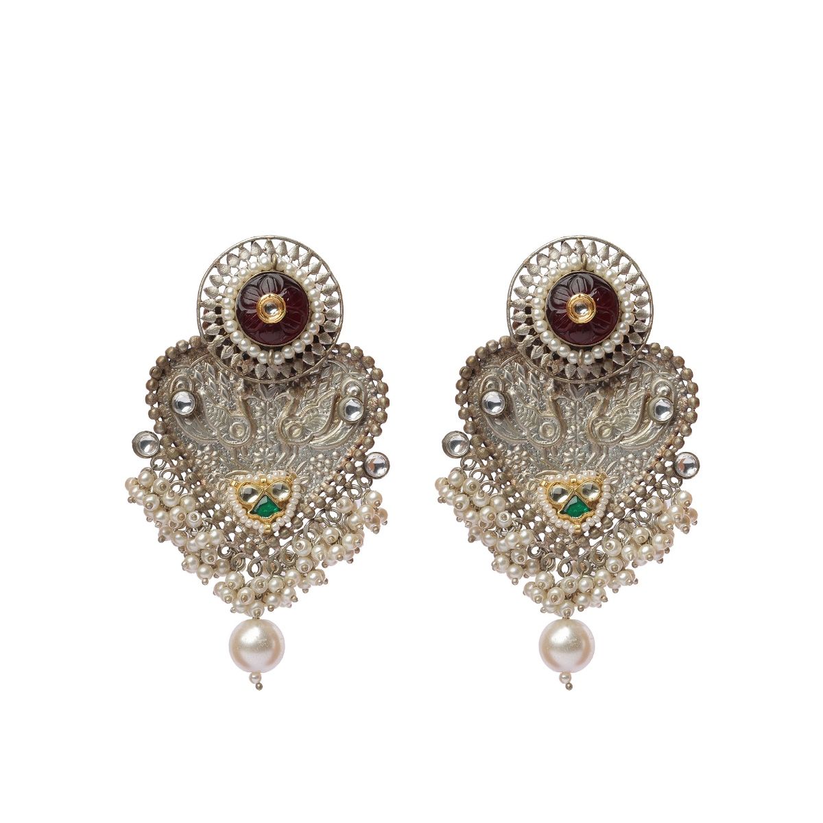 Buy The Bling Girll Maroon Heart Shaped Danglers With Small Green Stone ...