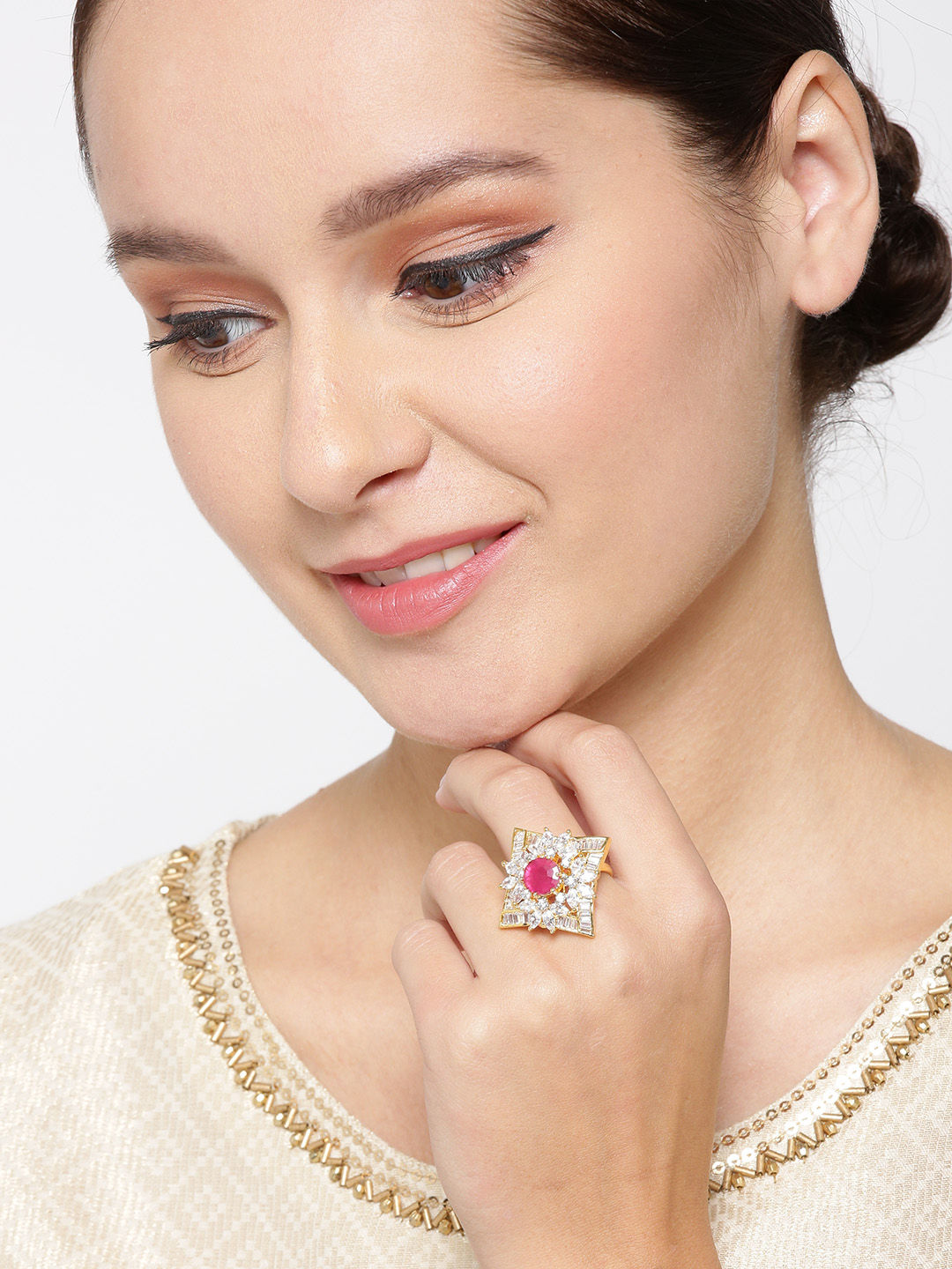 Priyaasi Gold-Plate Floral Pattern Ad Studded Geometric Shape Maroon ...