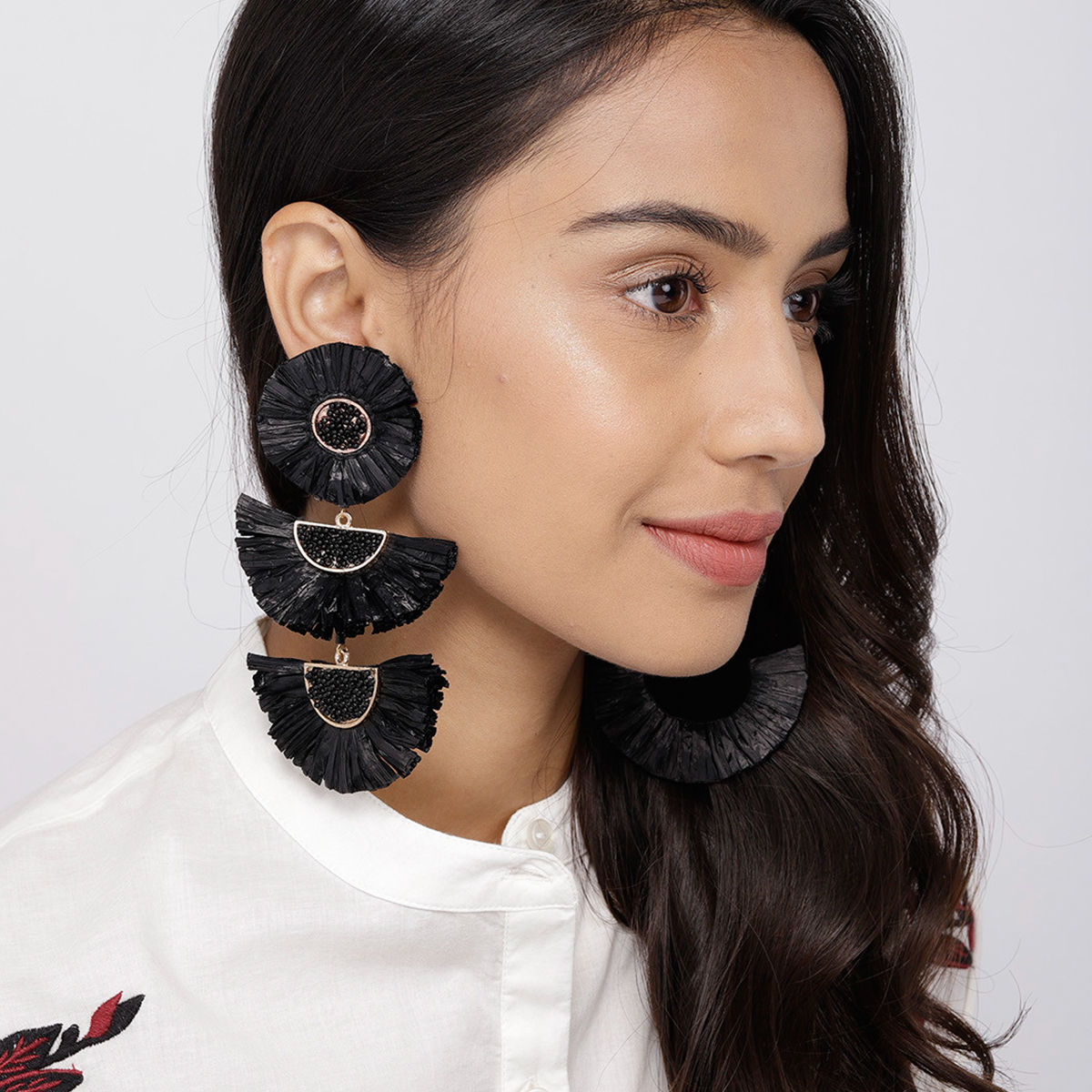 Buy Toniq Black Statement Fringe Drop Earrings Online