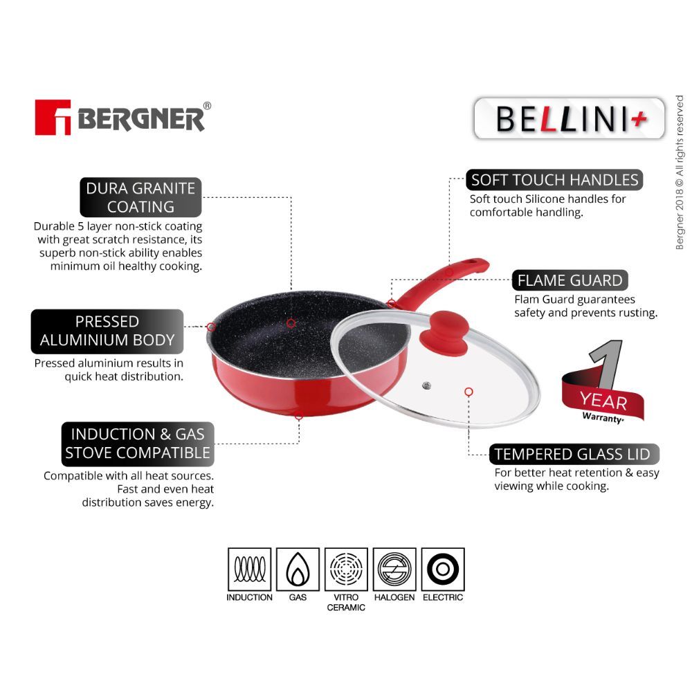 Bergner Bellini Plus Press Alluminium Non Stick Deep Frypan With Lid ...
