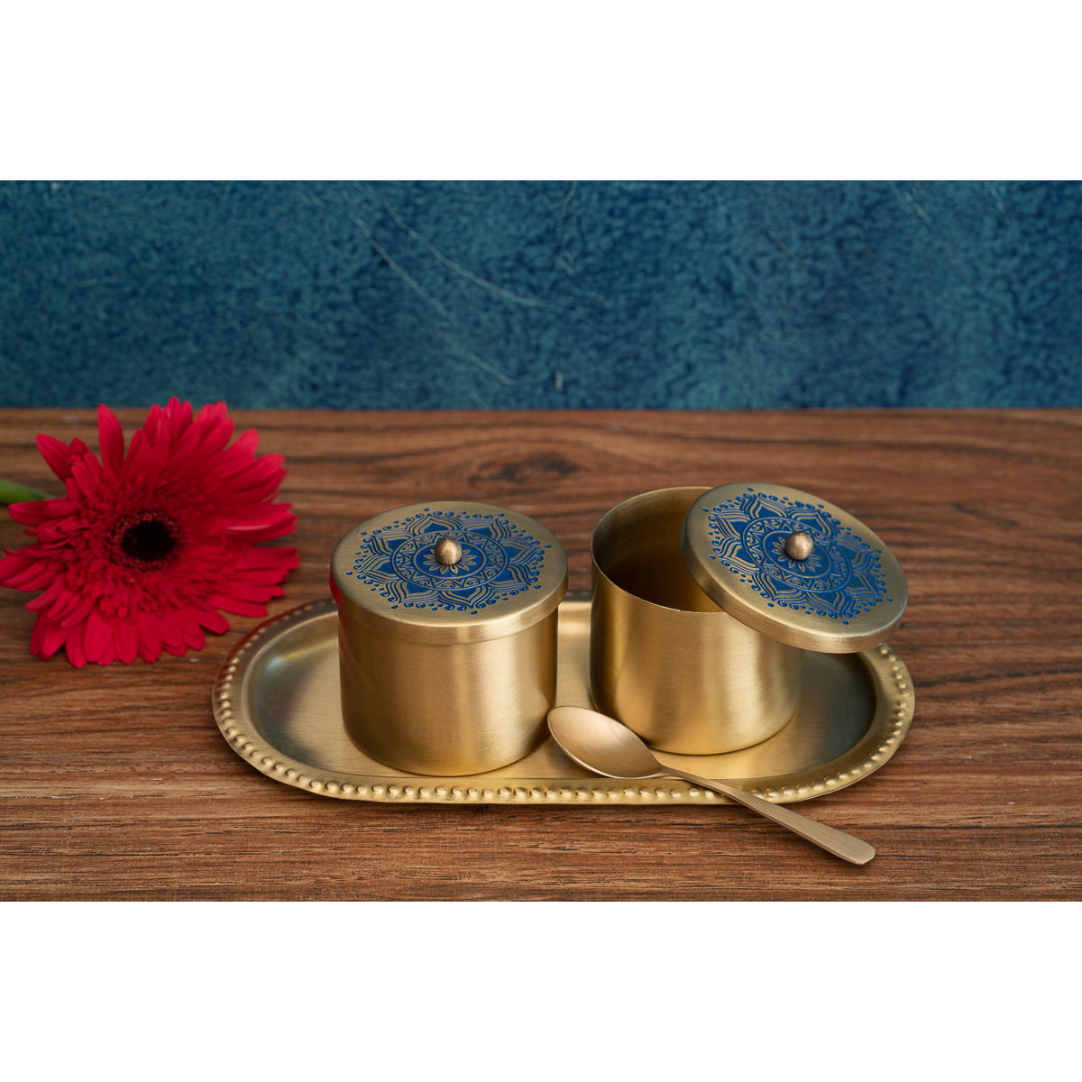 NAKSHIKATHAA Utsav Brass Blue Condiment Jars With Tray And Spoon: Buy ...