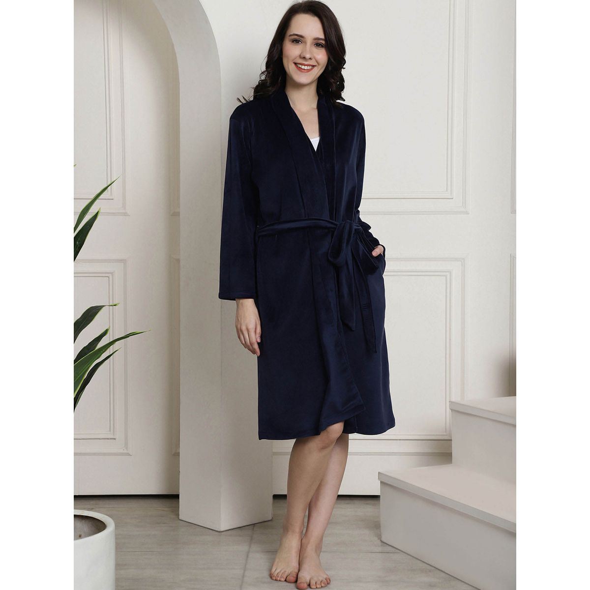 Buy Secret Wish Navy Blue Velvet Robe Online