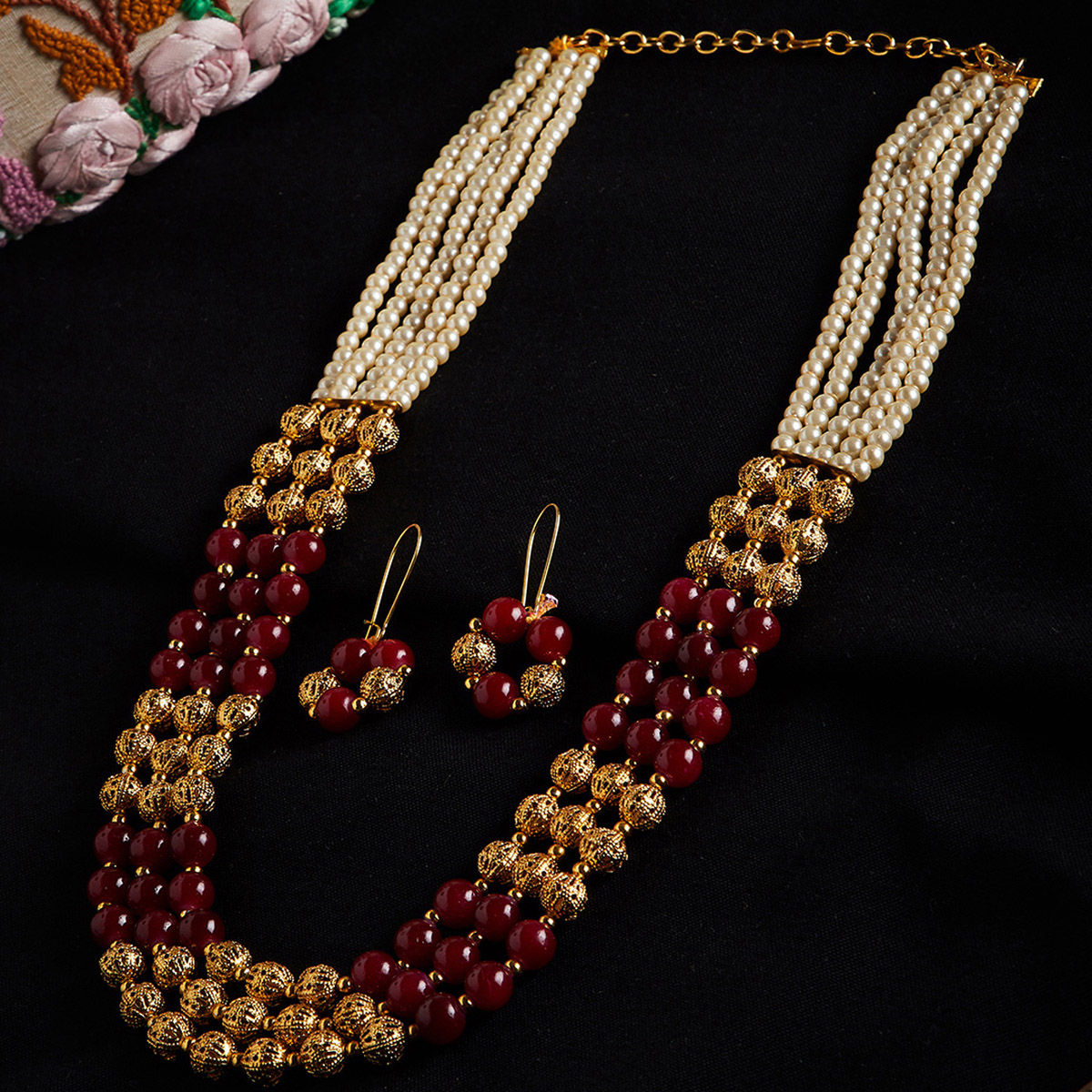 PANASH Gold-plated Cream-colored Maroon Pearl Beads Layered Handcrafted ...