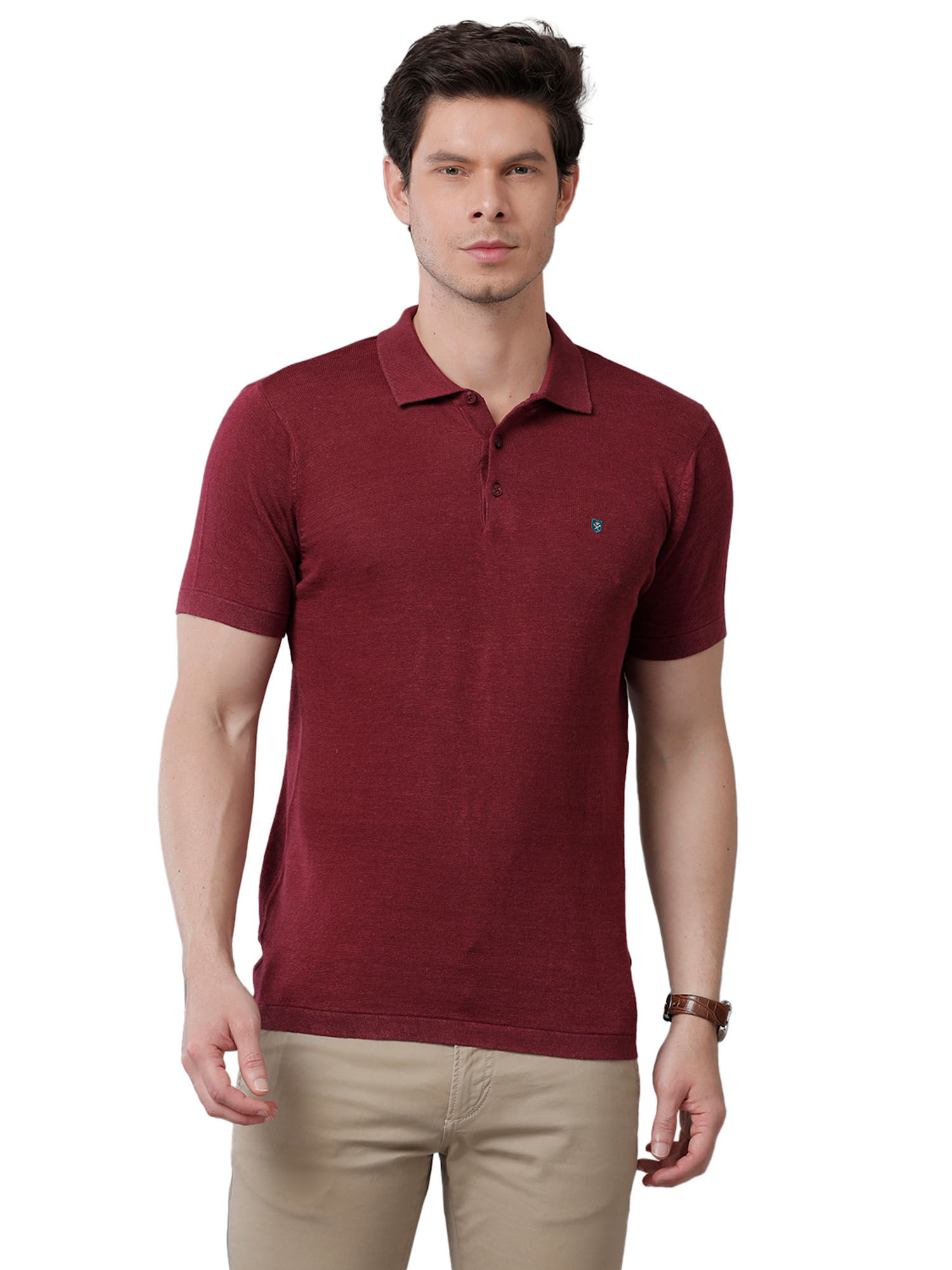 Buy Linen Club Men Maroon Solid Polo Collar Linen Knitted T-Shirt Online