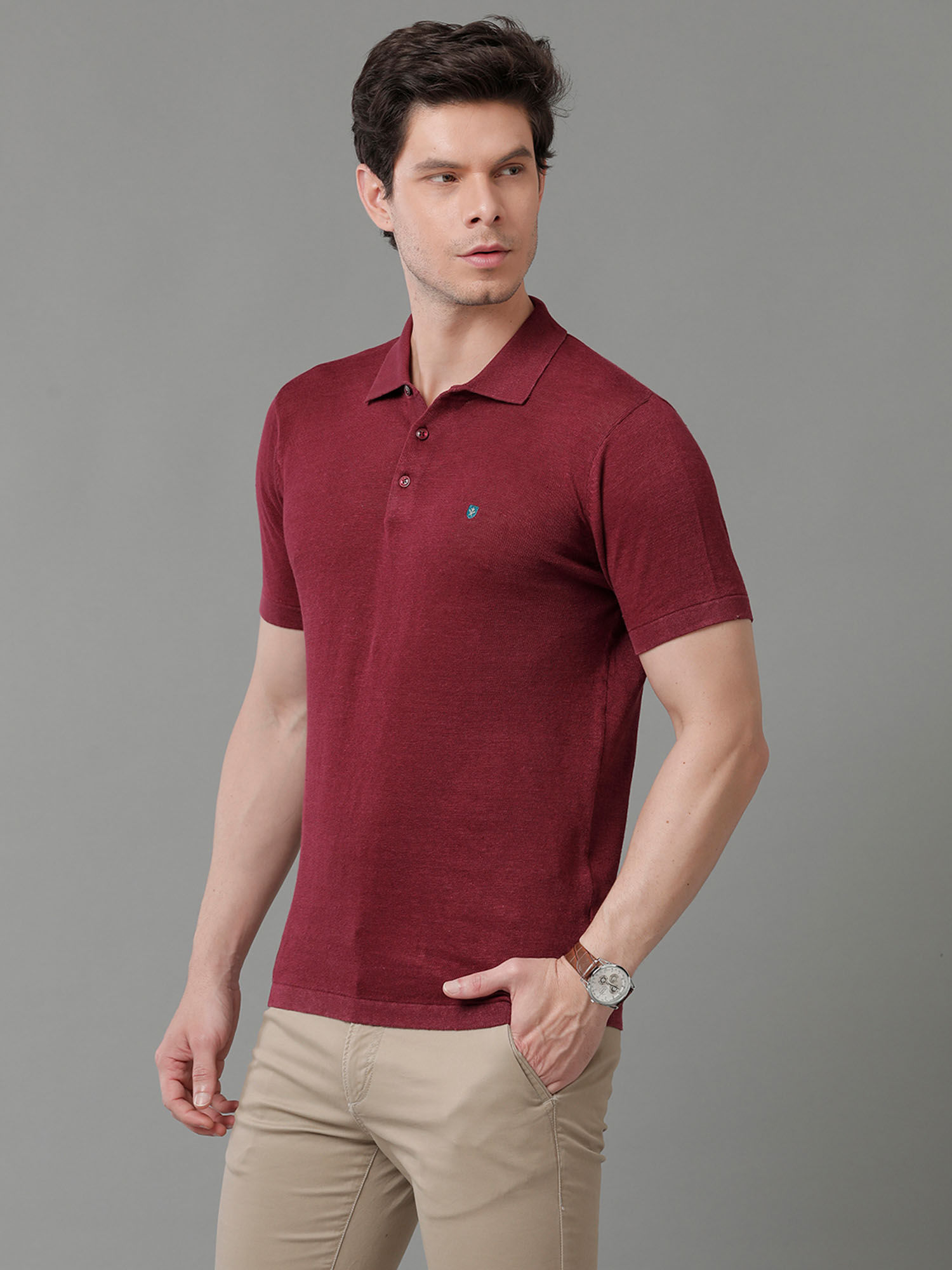 Buy Linen Club Men Maroon Solid Polo Collar Linen Knitted T-Shirt Online