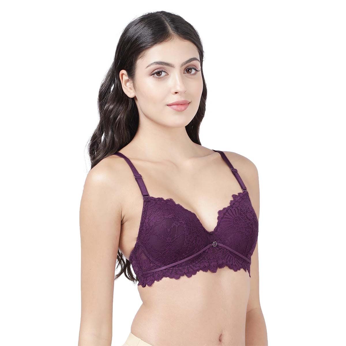 Buy Shyaway Women Dark Purple Full Lace Padded Wired 3/4th Coverage Bra Online