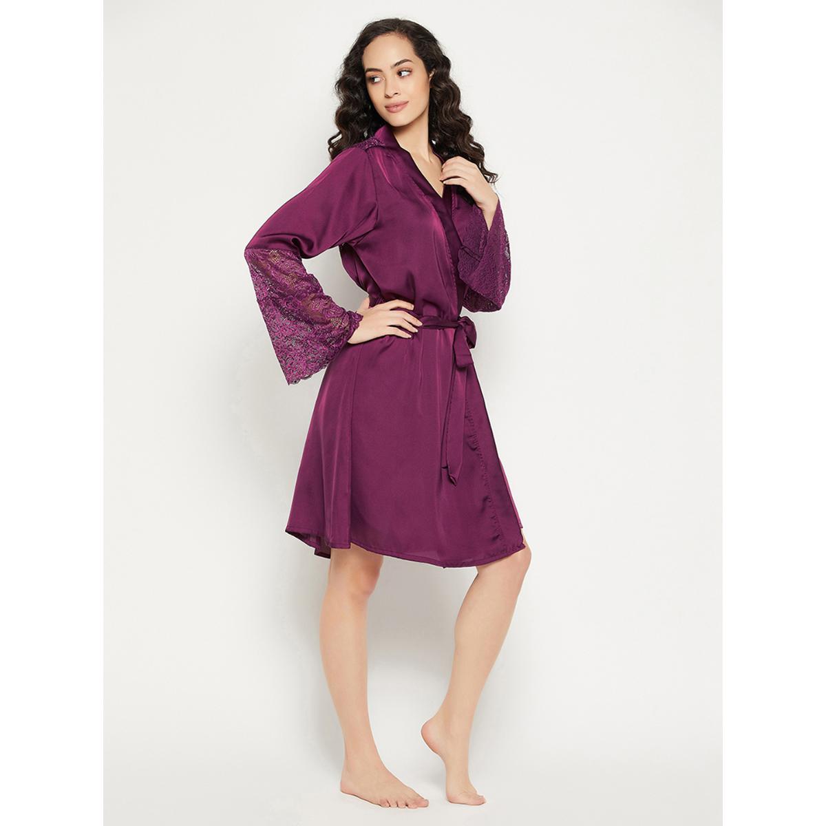 Buy Clovia Satin Solid Robe Purple Online