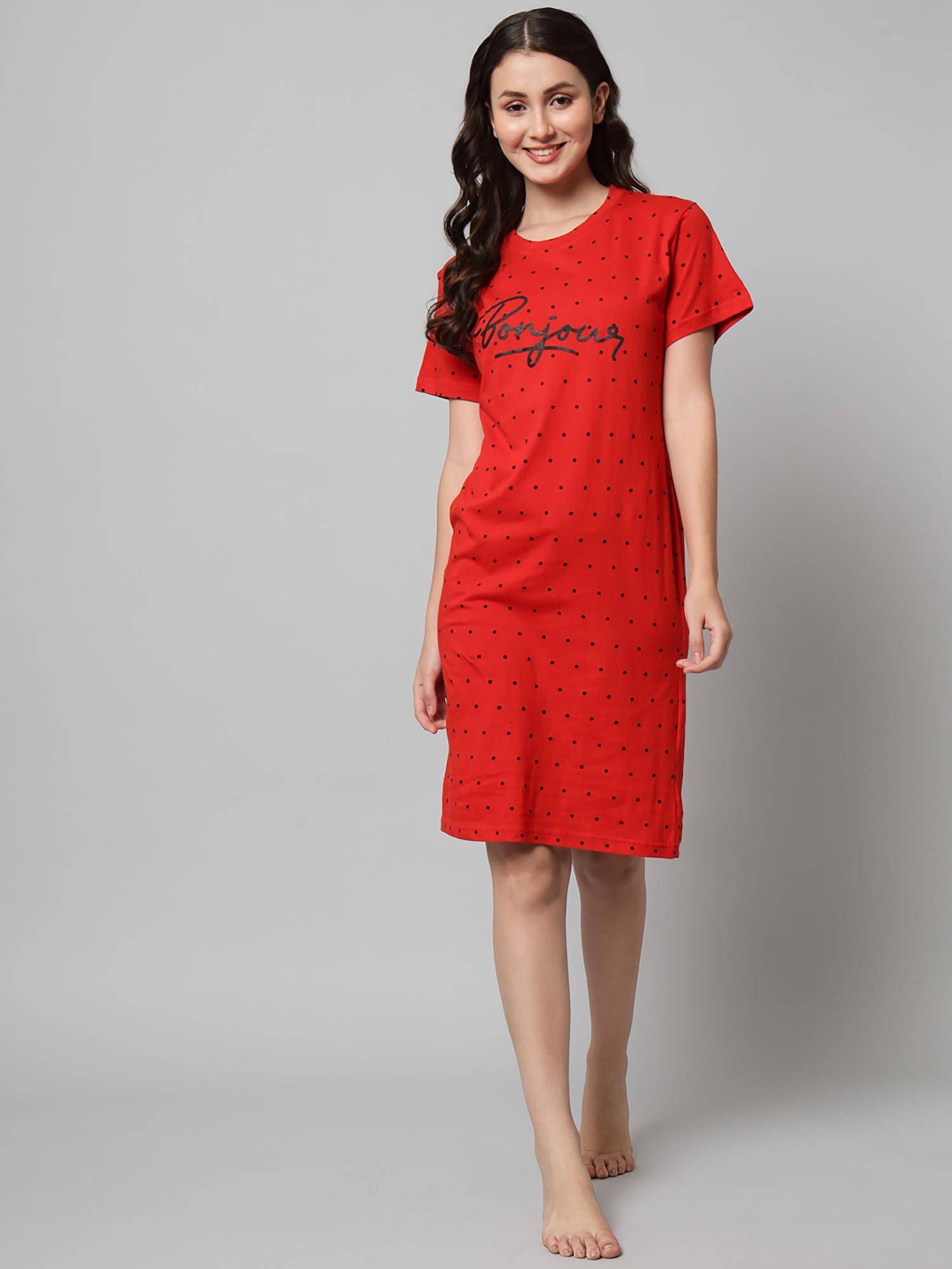 Buy SEPHANI Red Polka Dot Night Dress Online