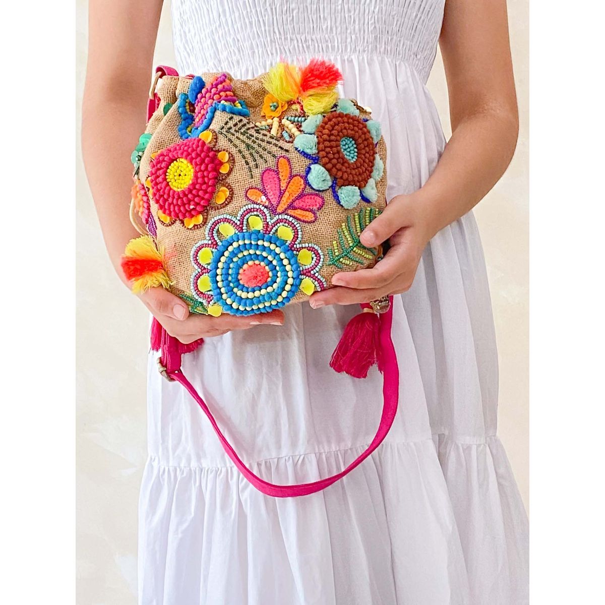 Buy PRAVO Multicolour Handcrafted Jute Draw-String Crossbody Bag Online