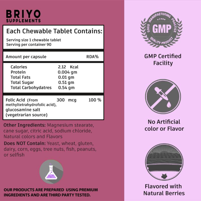 Buy Briyo Folic Acid As Methyl Folate 300 mcg Chewable Tablets ...