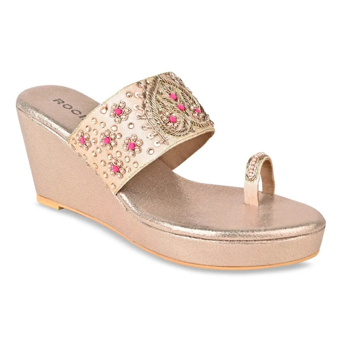 Buy ROCIA Rose Gold Women Solid Hand Embroidered Ethnic Wedges Online