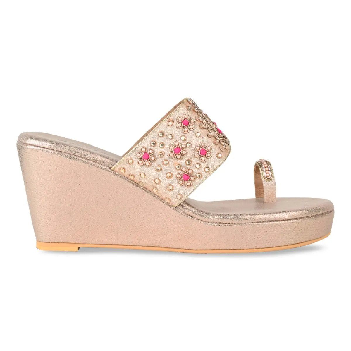 Buy ROCIA Rose Gold Women Solid Hand Embroidered Ethnic Wedges Online