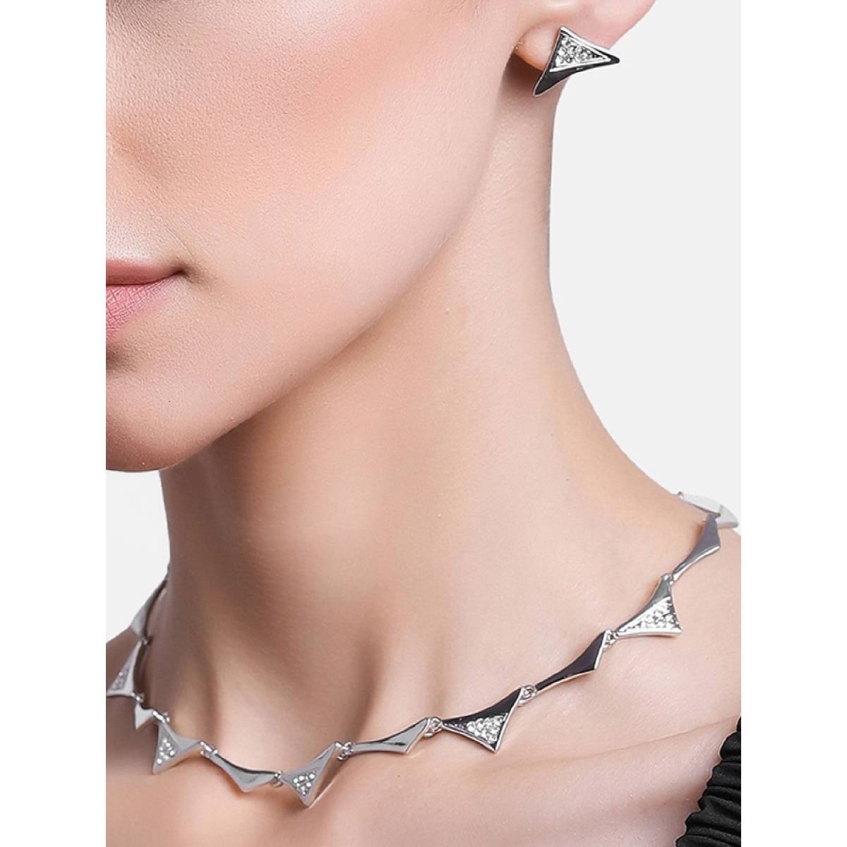 Estele Rhodium Plated Triangle Shaped Jewellery Set with Austrian ...
