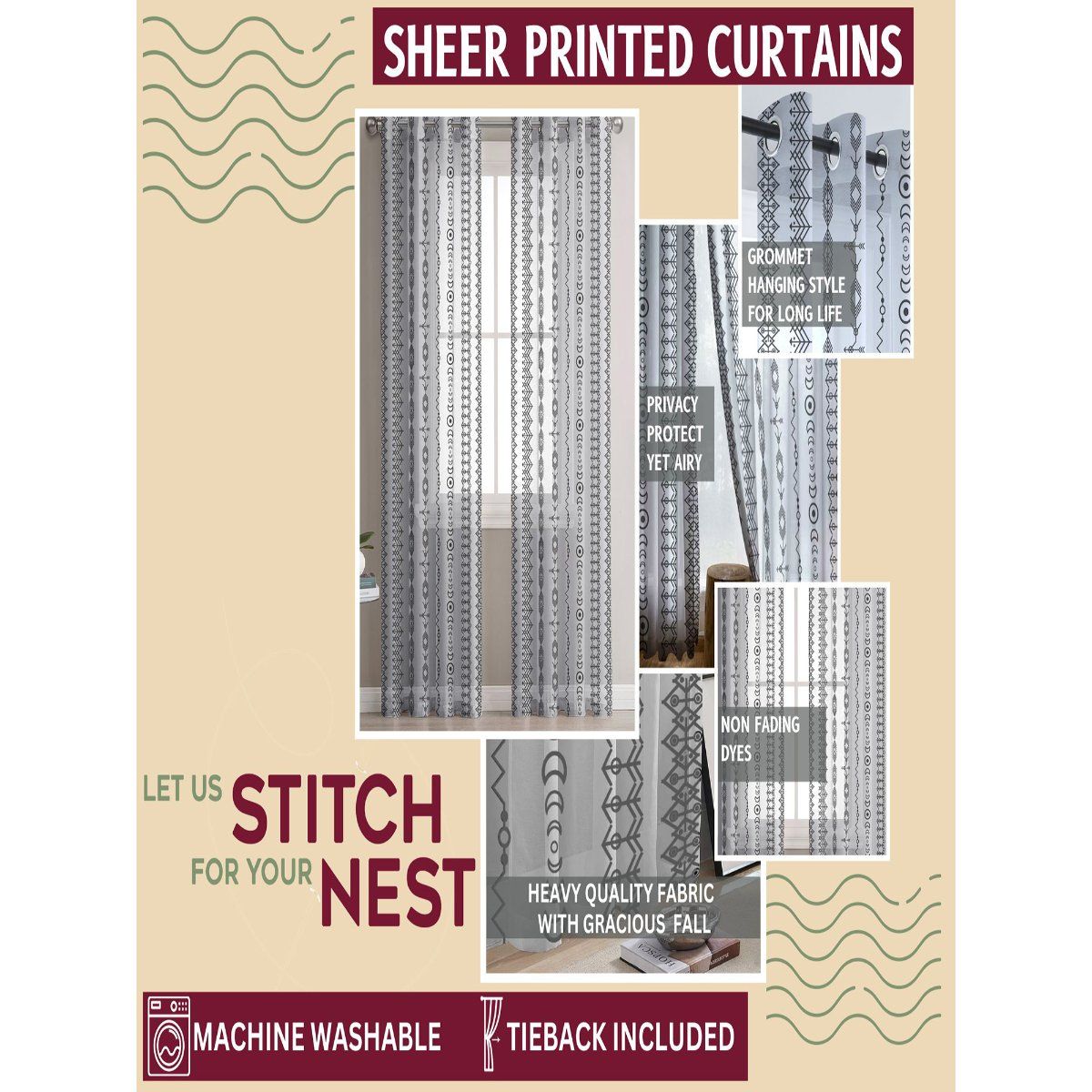 Buy STITCHNEST Light Filtering Curtain with Tieback & Eyelets Window ...