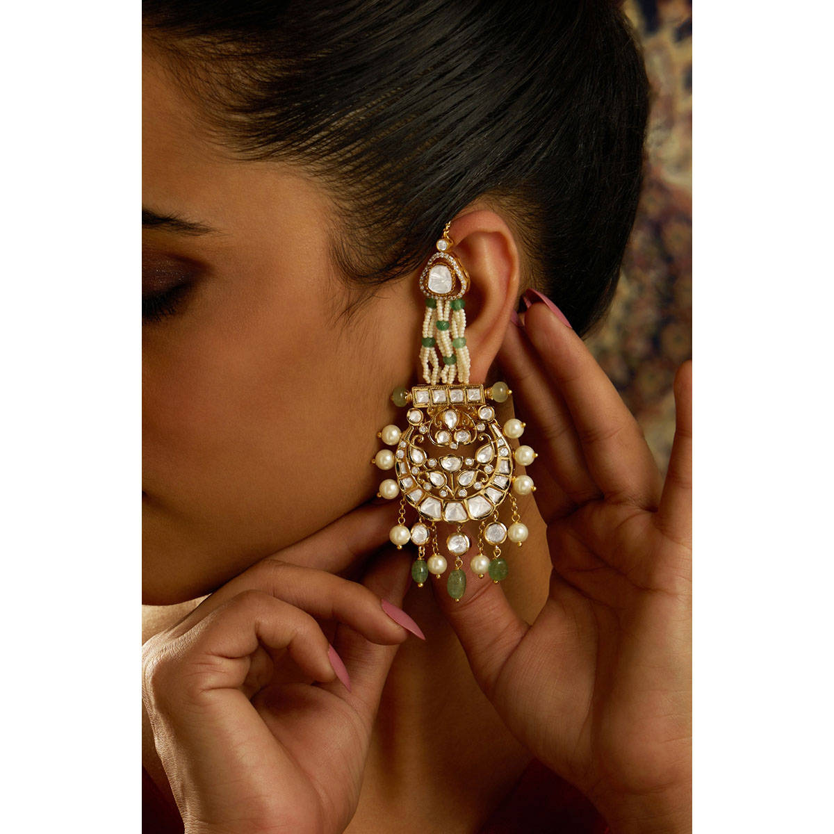Buy Joules By Radhika Green Kundan Pearl Ethereal Pearl Chandbali ...