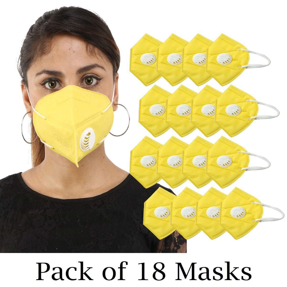 Fabula Yellow KN95 Anti-Pollution Mask with Respirator Valve Pack of 18 ...