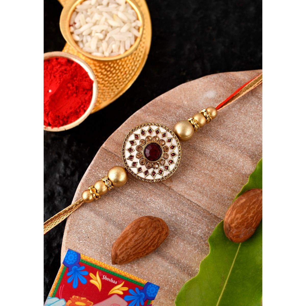 Shoshaa Red-Gold and White Enamel Stone-Studded Bhai Rakhi with Roli ...