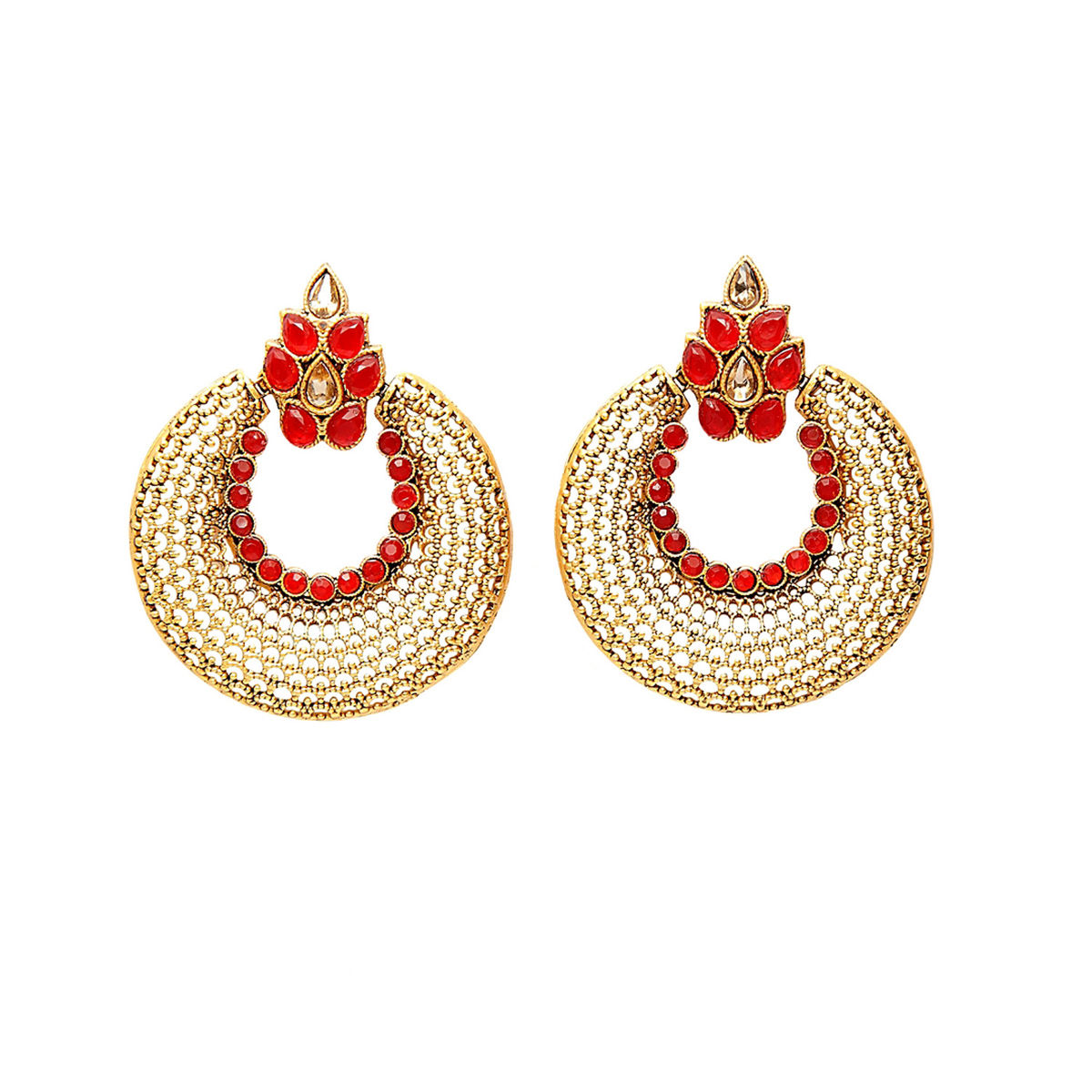 Buy PANASH Gold & Red Crescent Shaped Handcrafted Drop Earrings Online