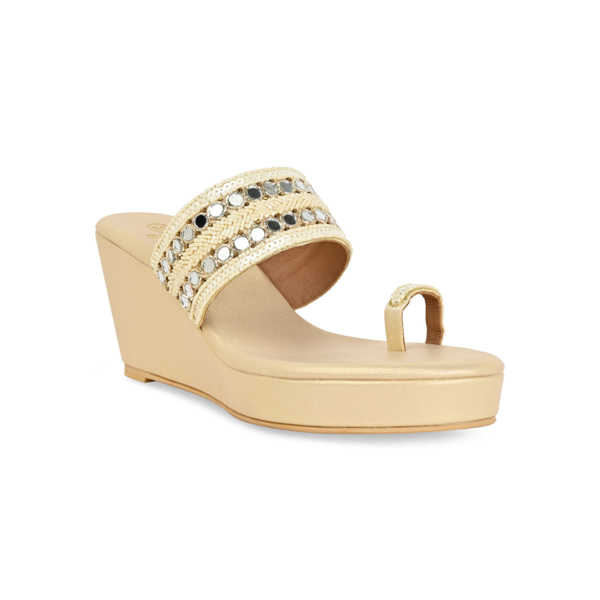 Buy ROCIA By Regal Cream Women One Toe Mirror Work Wedges Online