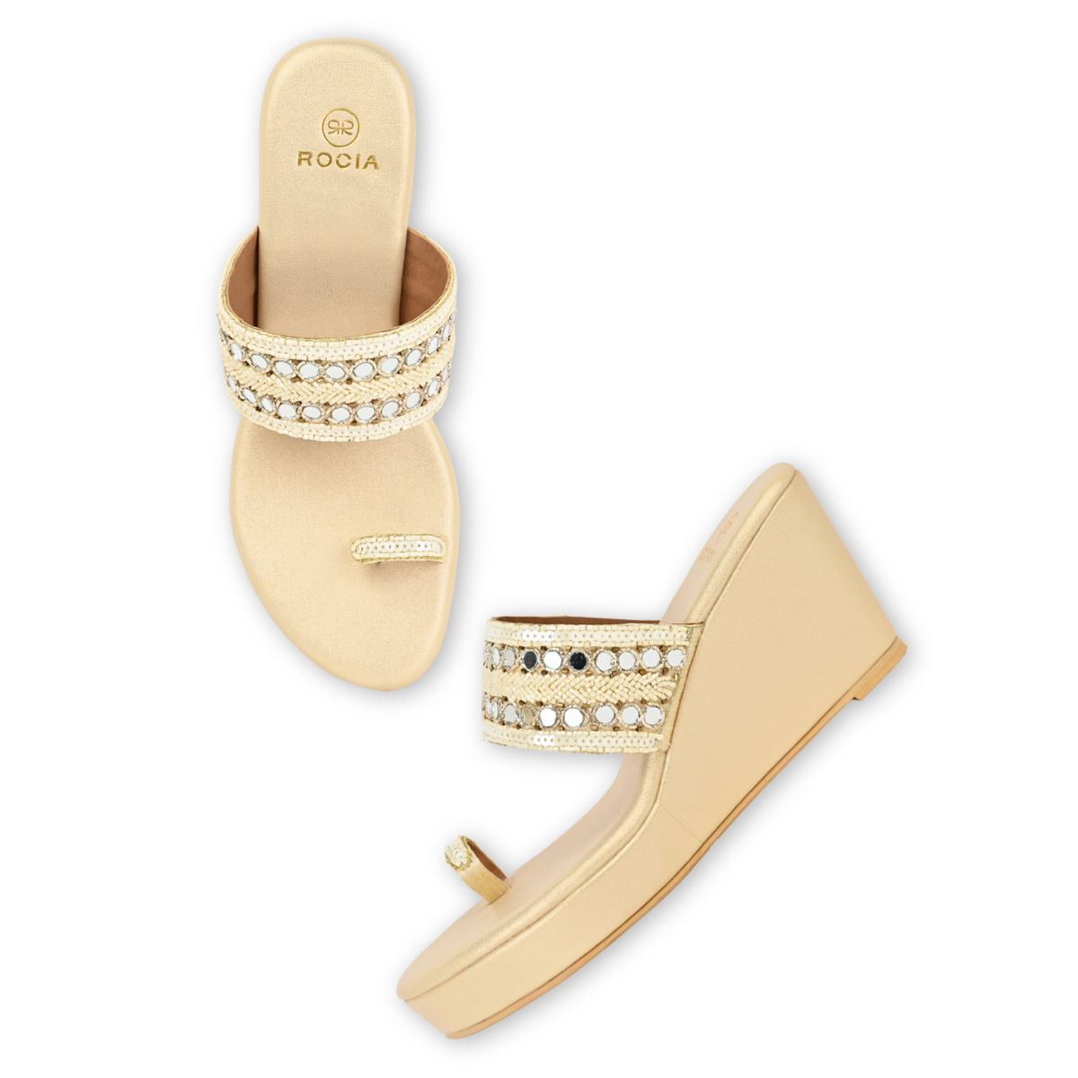 Buy ROCIA By Regal Cream Women One Toe Mirror Work Wedges Online