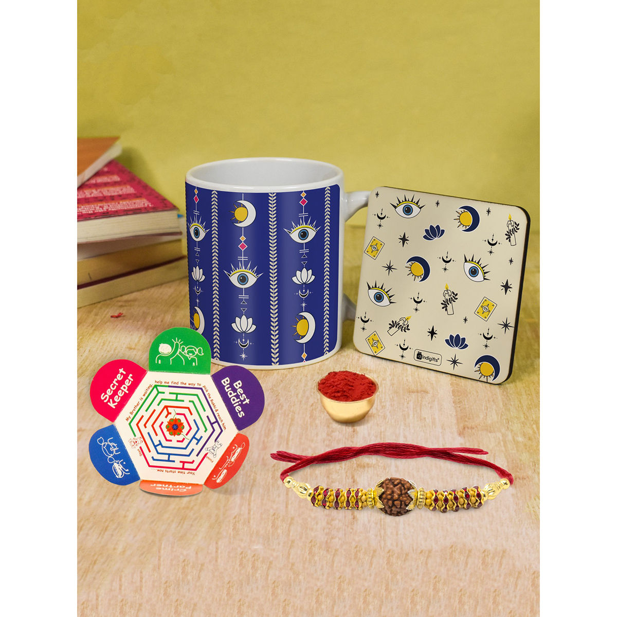 Indigifts Rakhi Gift Hamper for Brother Printed Mug, Coster, Rakhi ...