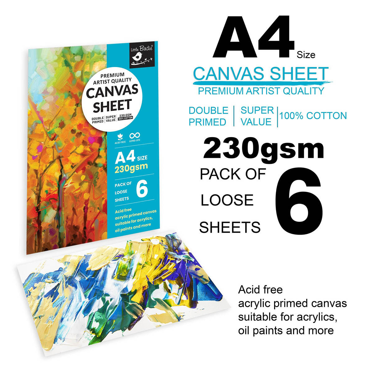 Buy Little Birdie Premium Artist Canvas Sheets A4 Size 230 Gsm Pack Of ...