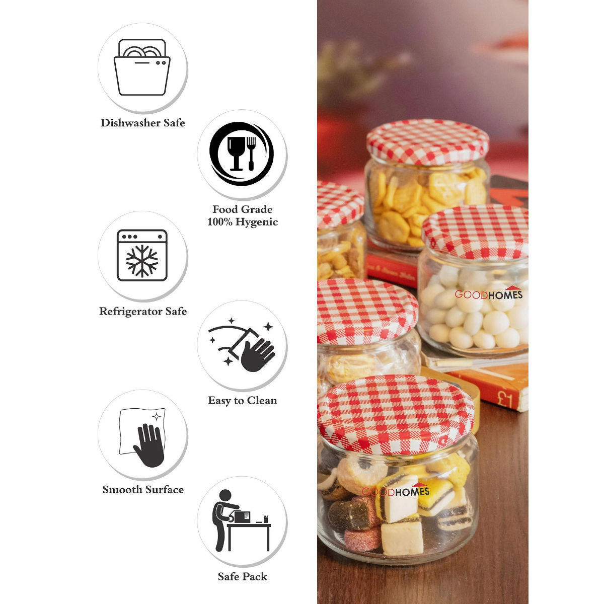 Goodhomes Glass Storage Jar With Red Checks Metal Lid (Set of 6): Buy ...