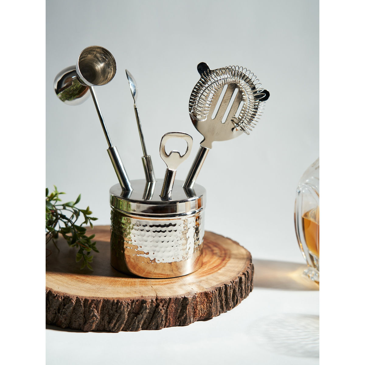 Pure Home + Living Silver Hammered Metal Baar Tool Set with Base: Buy ...