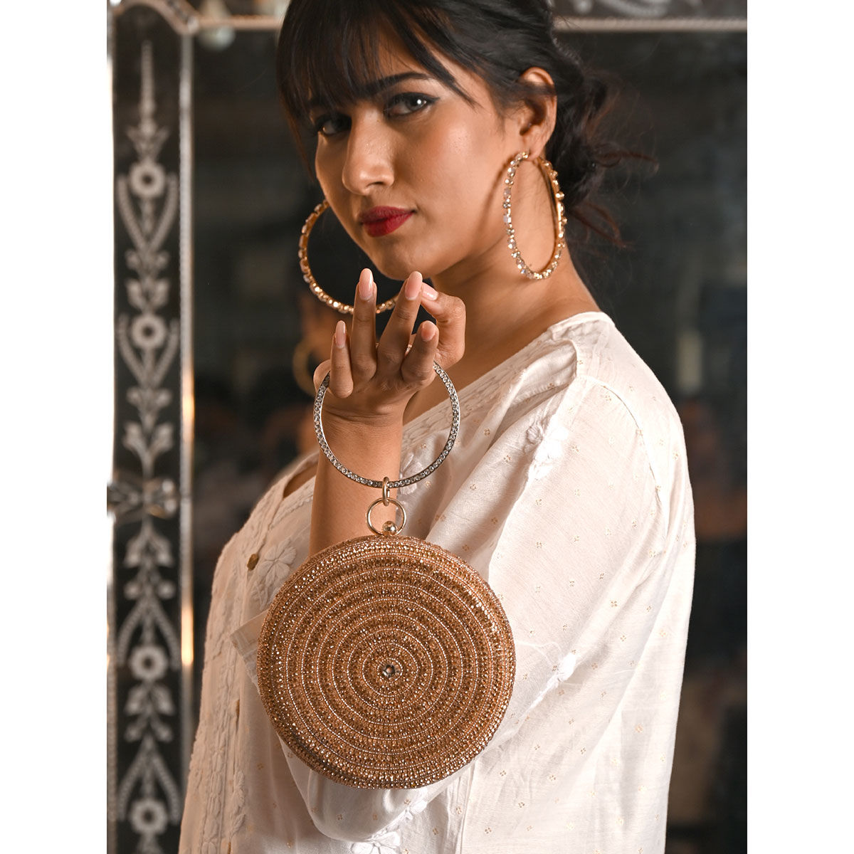 Buy Odette Tan Embellished Clutch with a Ring Handle Online