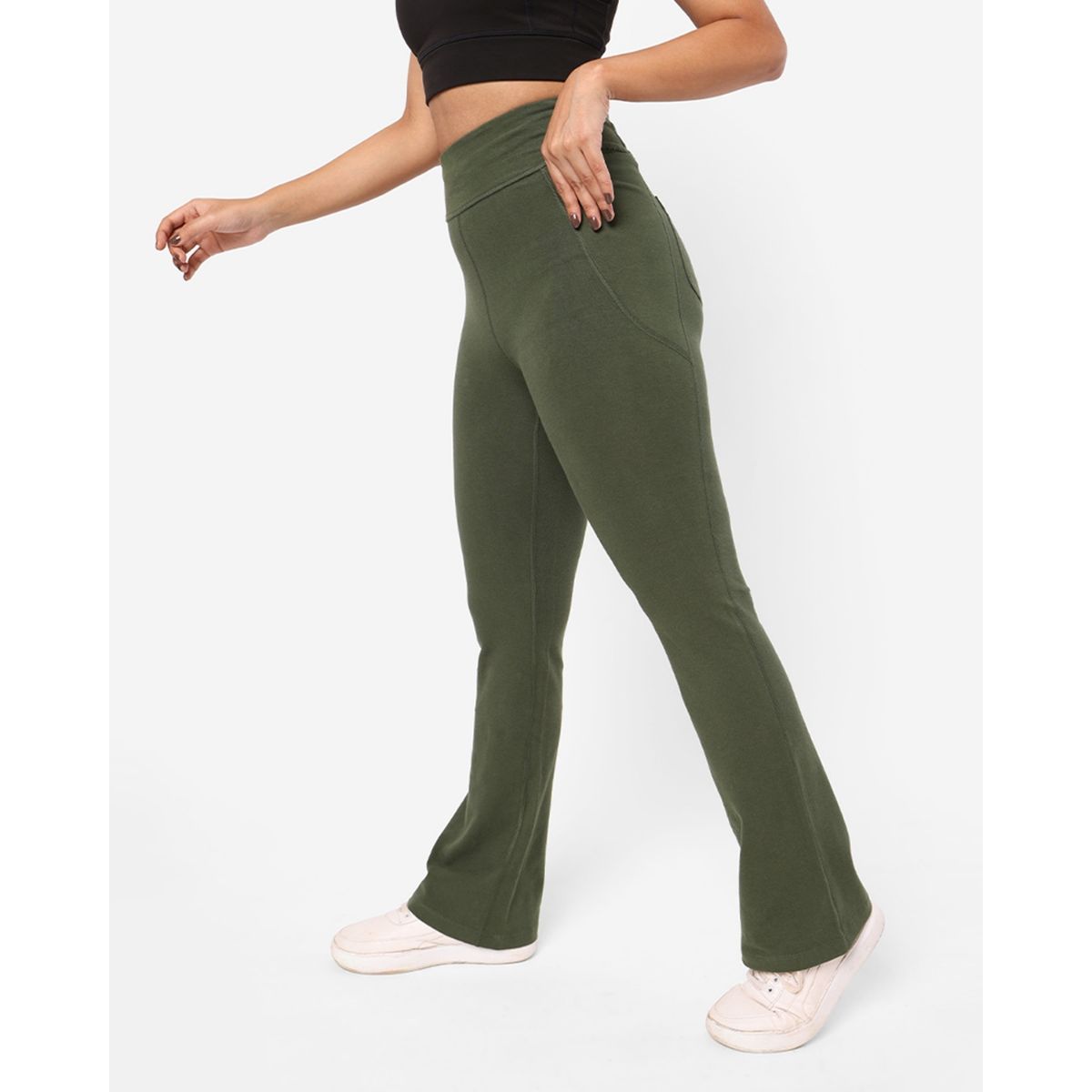 Buy Bliss Club Women Olive Groove-In Cotton Flare Pants Tall with 4 ...