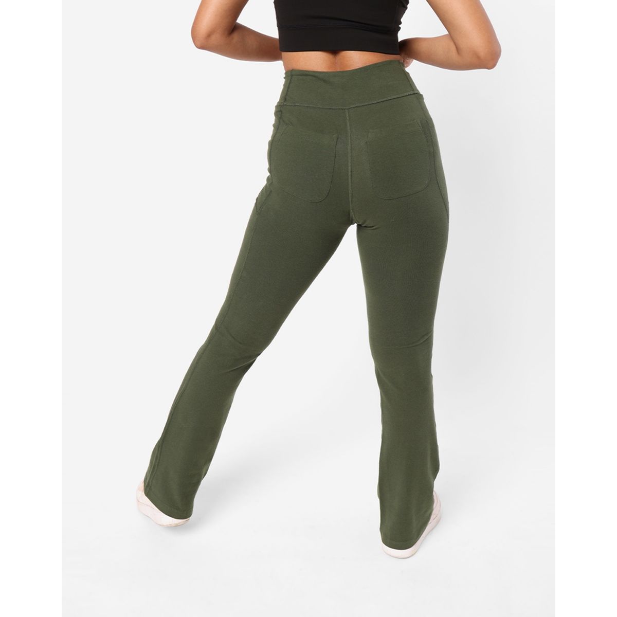 Buy Bliss Club Women Olive Groove-In Cotton Flare Pants Tall with 4 ...