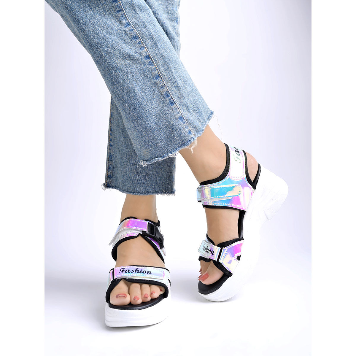 Shoetopia Velcro Style Silver Sandals: Buy Shoetopia Velcro Style ...