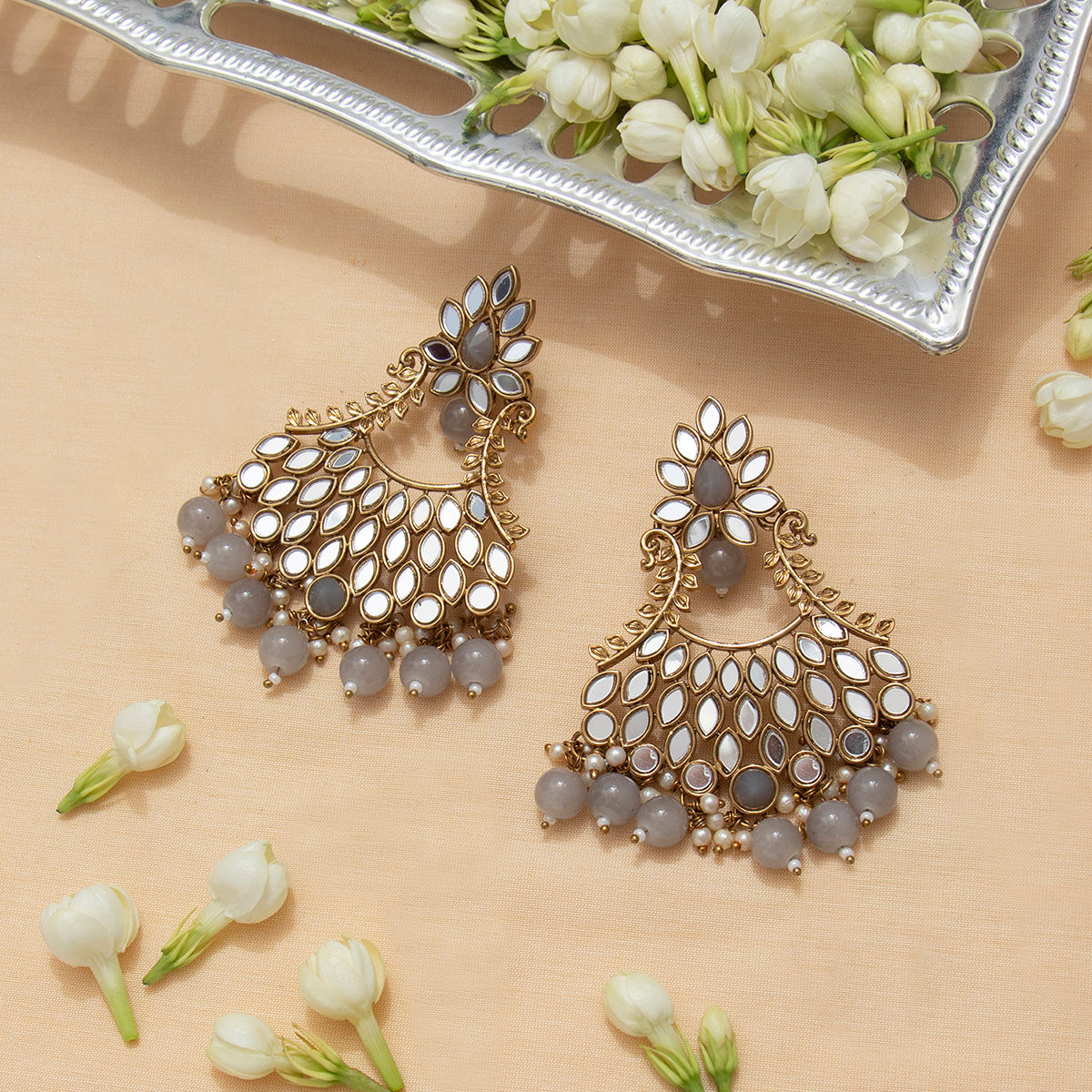 Buy Azai by Nykaa Fashion Ethnic Grey & Gold Mirror Work Danglers Online