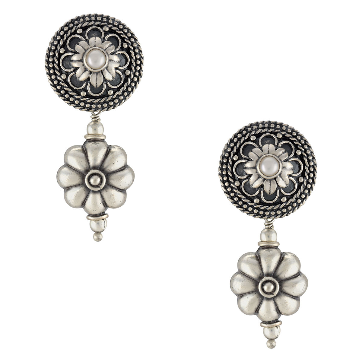Buy Tribe Amrapali Silver Oxidised Embossed Floral Bead Drop Earrings ...