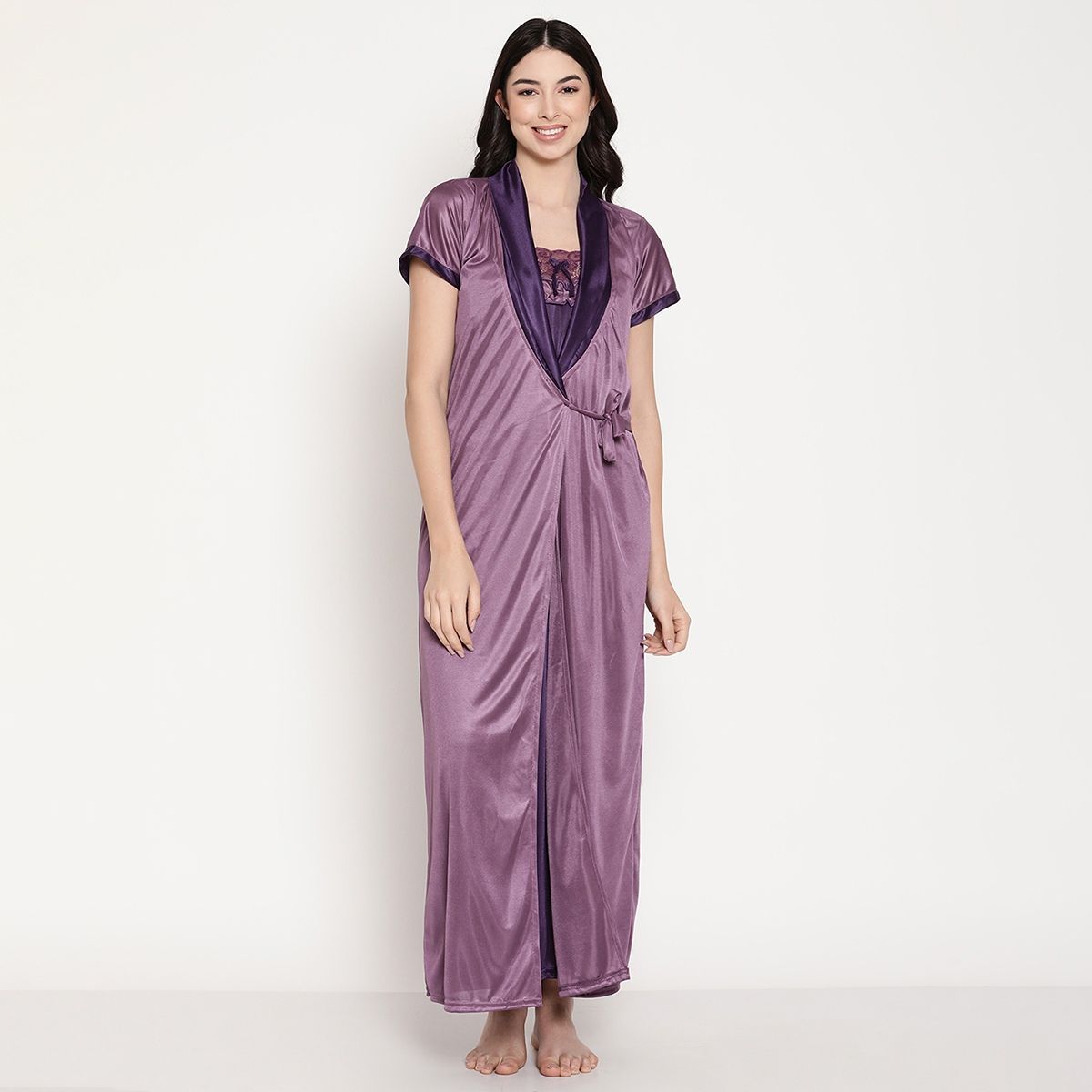 Buy Secret Wish Women's Purple Satin Nighty with Robe Set (Set of 2) Online