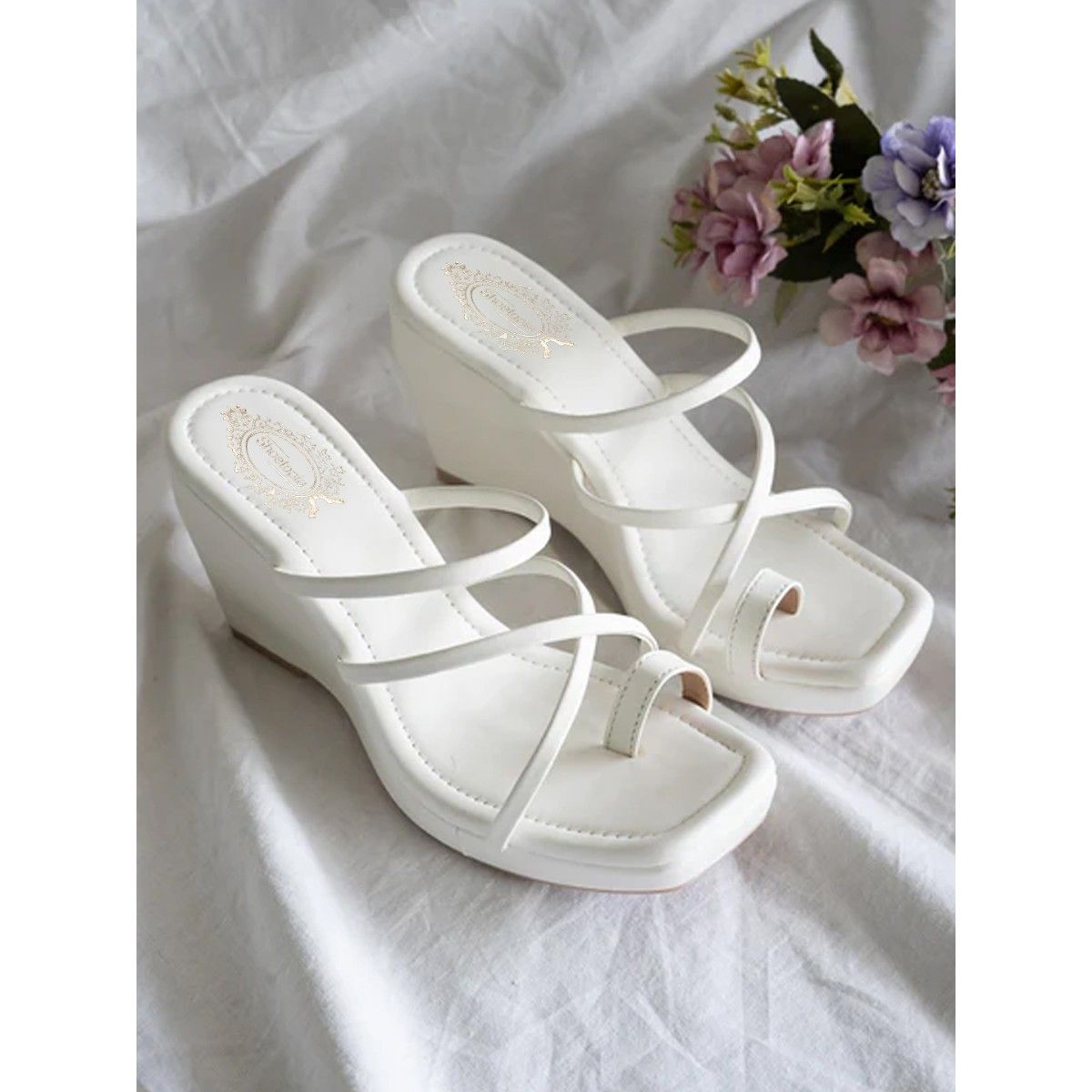 Buy Shoetopia Crossover Strap Solid White Wedges Online
