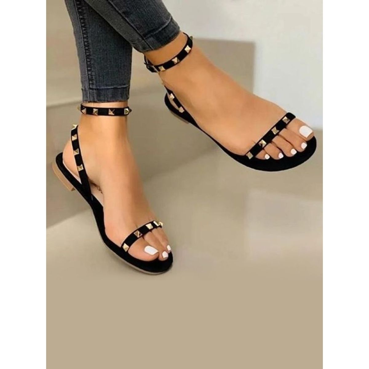 Buy Shoetopia Women Embellished Rockstud Metal Detail Black Flat Sandal ...