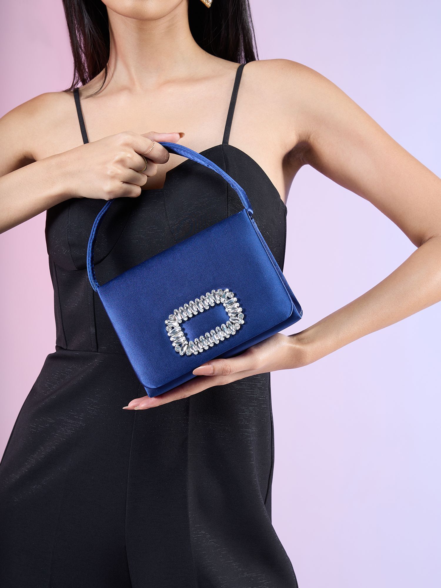 RSVP by Nykaa Fashion Navy Blue Rhinestone Buckle Small Handbag: Buy ...