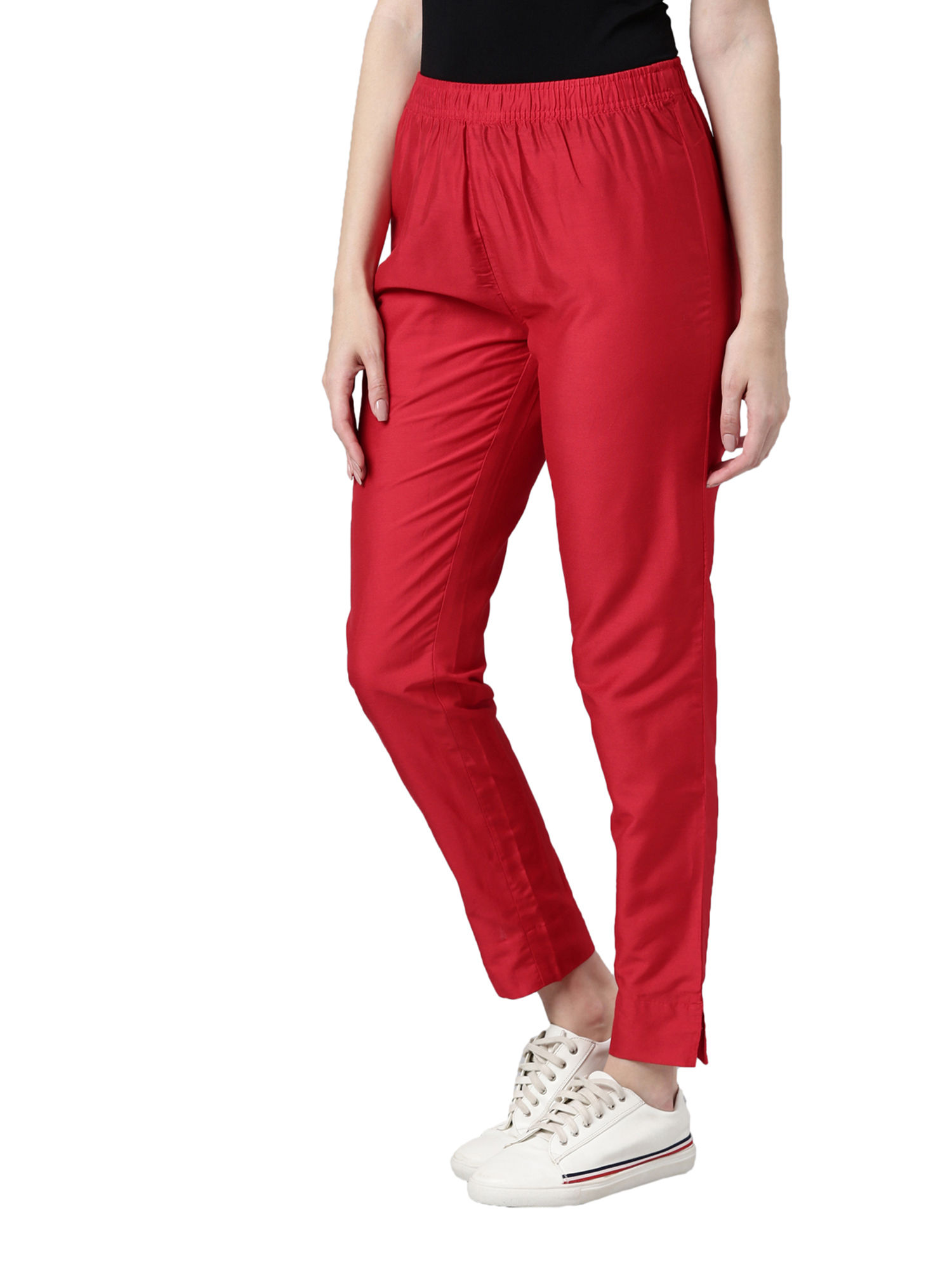 Buy Go Colors Women Cherry Red Solid Mid Rise Metallic Pants Online