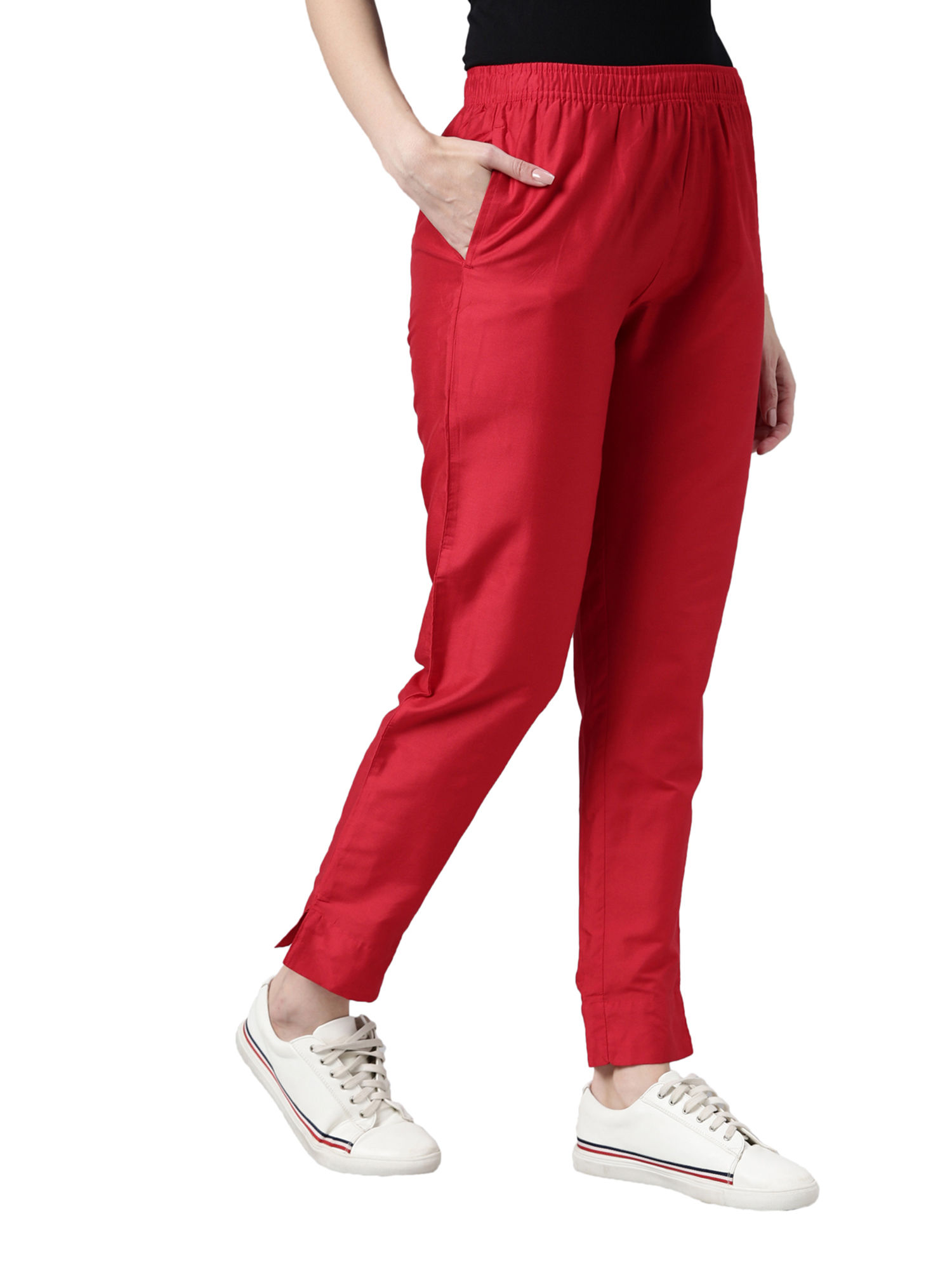 Buy Go Colors Women Cherry Red Solid Mid Rise Metallic Pants Online