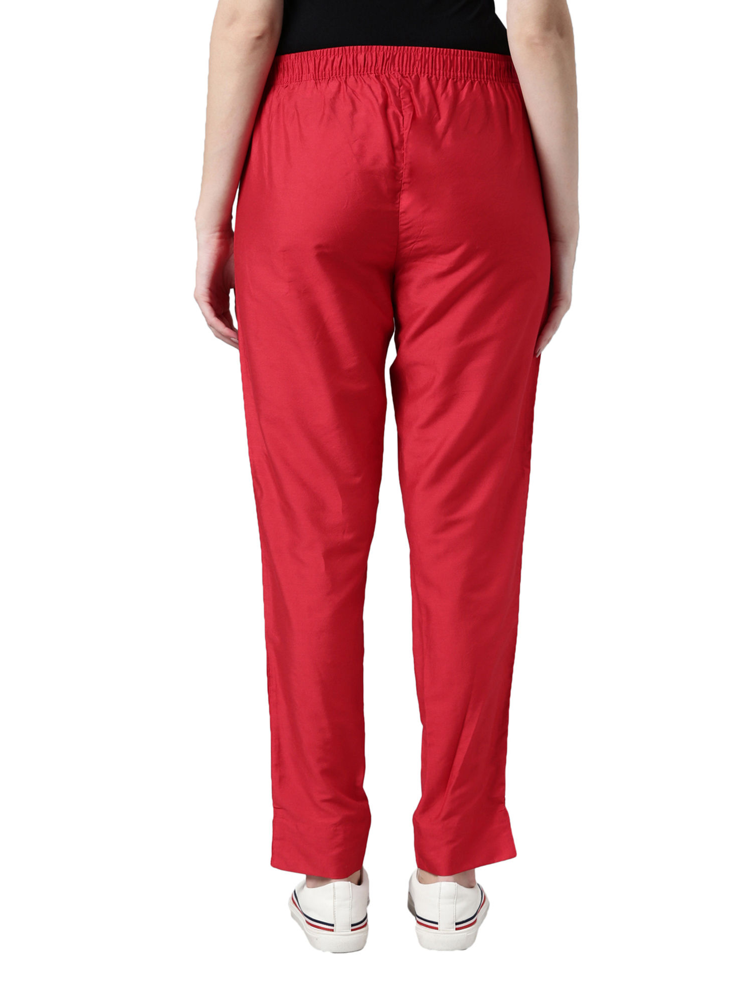 Buy Go Colors Women Cherry Red Solid Mid Rise Metallic Pants Online