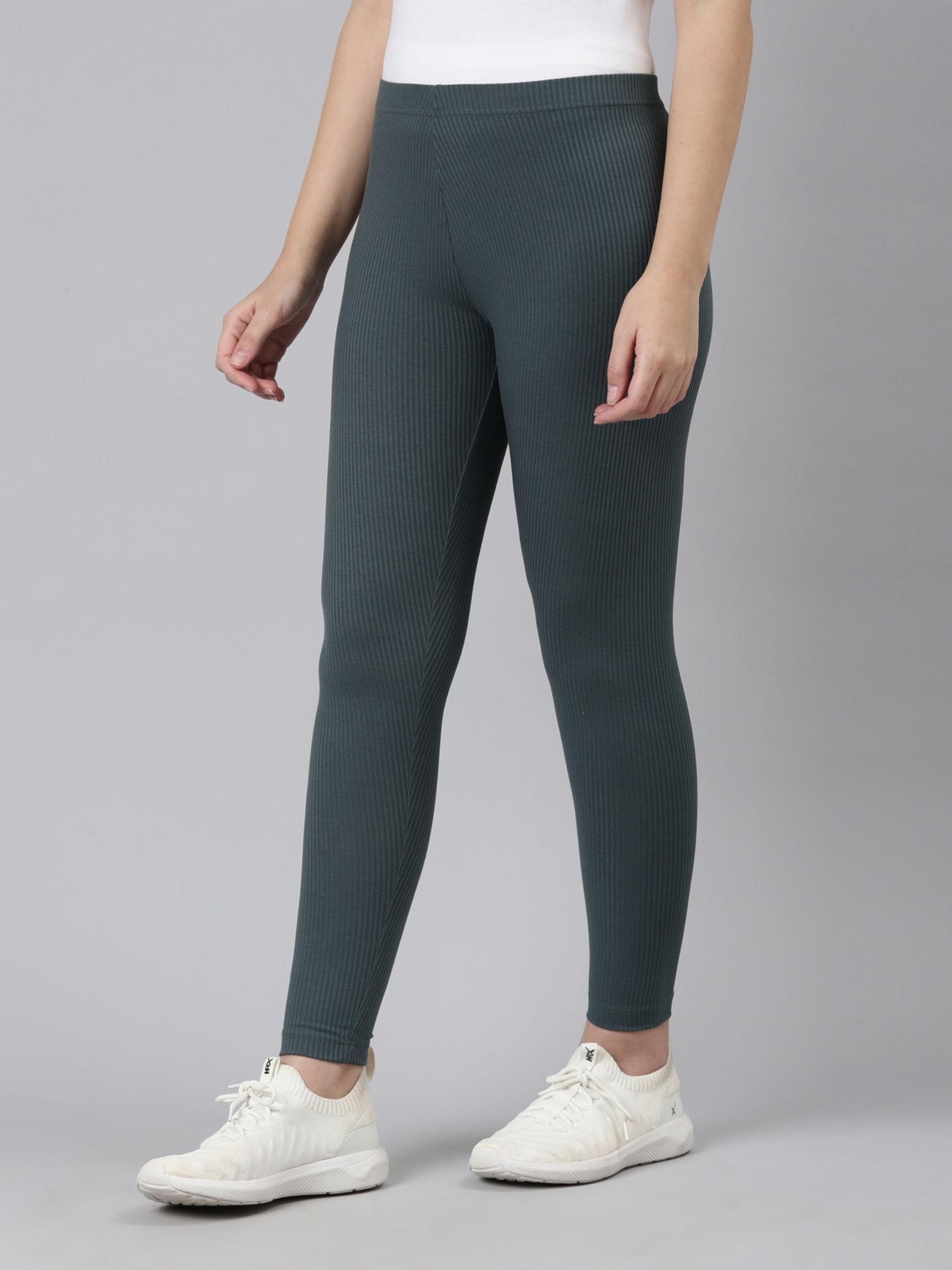 Buy Go Colors Women Solid Ocean Green Ribbed Leggings Online